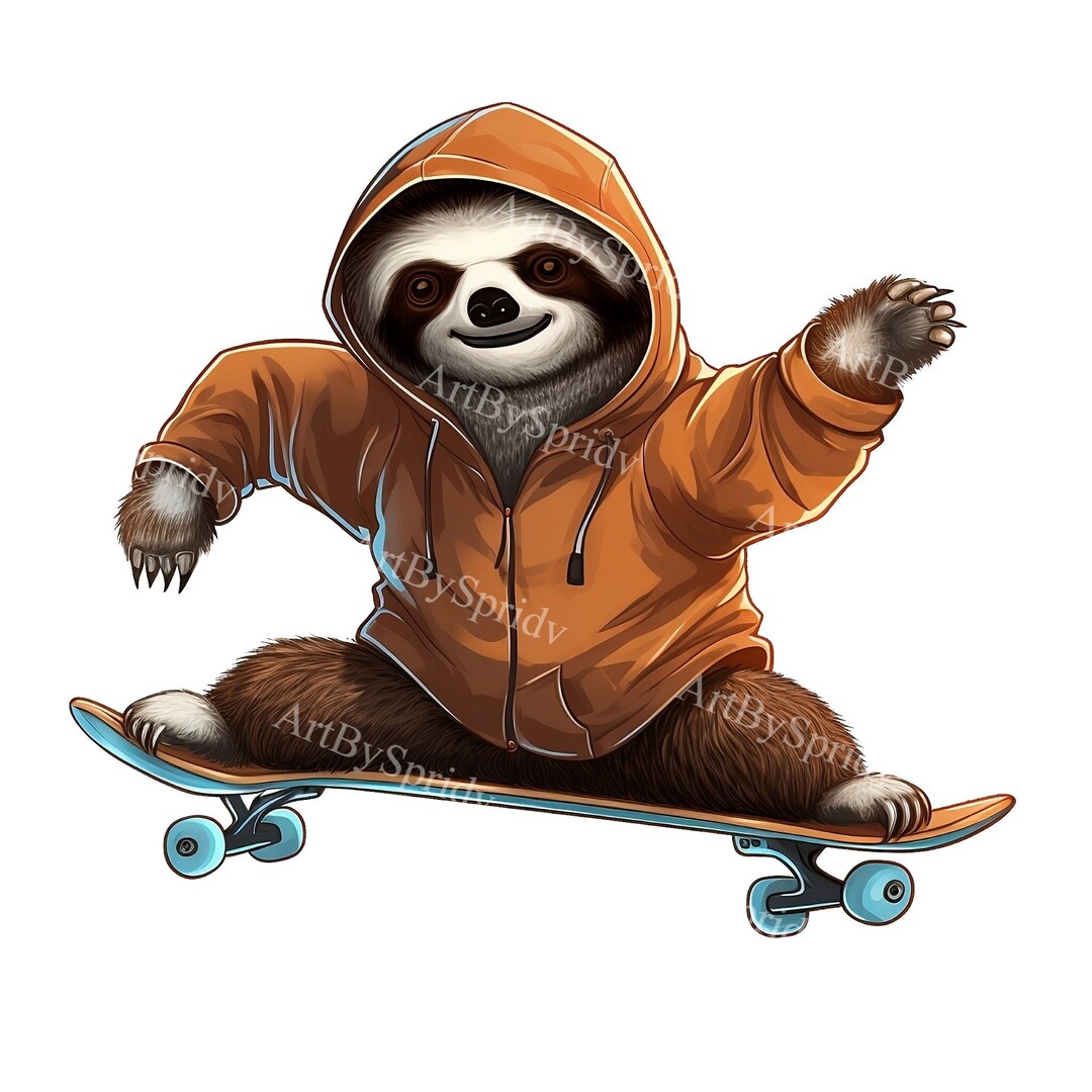 Skateboarding Sloth Clipart PNG, Cute Sloth in Hoodie on Skateboard ...