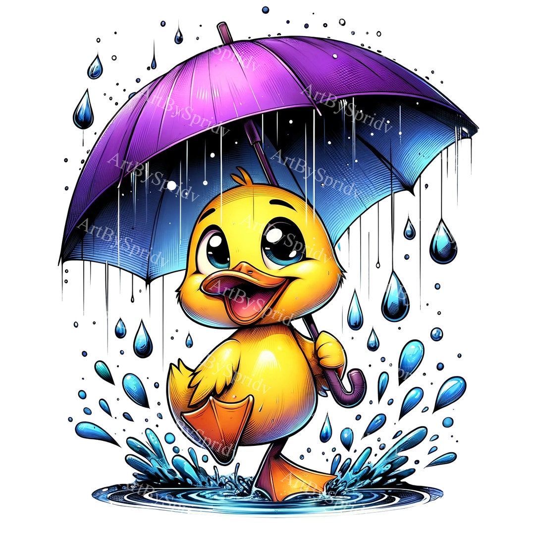 Cheerful Duck With Umbrella Raindrops PNG Clipart - Vibrant Printable ...
