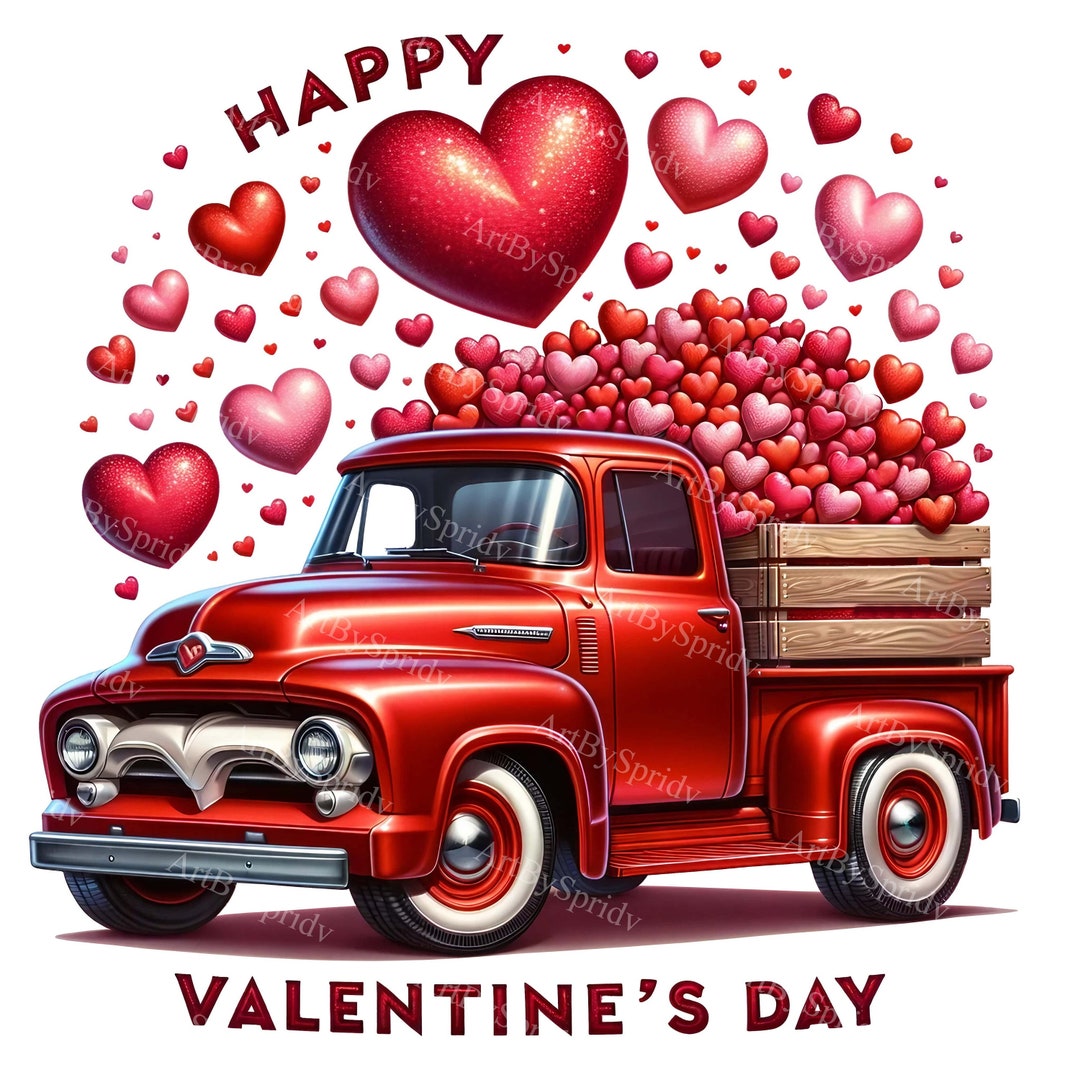 Valentine's Day Vintage Truck Clipart - Red Pickup With Hearts for DTG ...