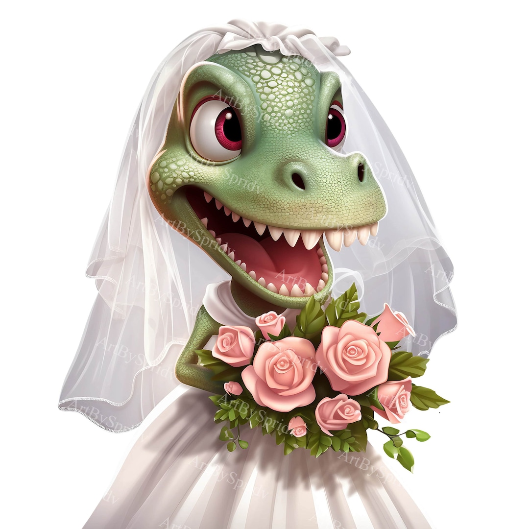 Funny T-rex Bride Dinosaur Clipart PNG, Quirky Wedding Design, Bridal Shower Decor, Humorous ...