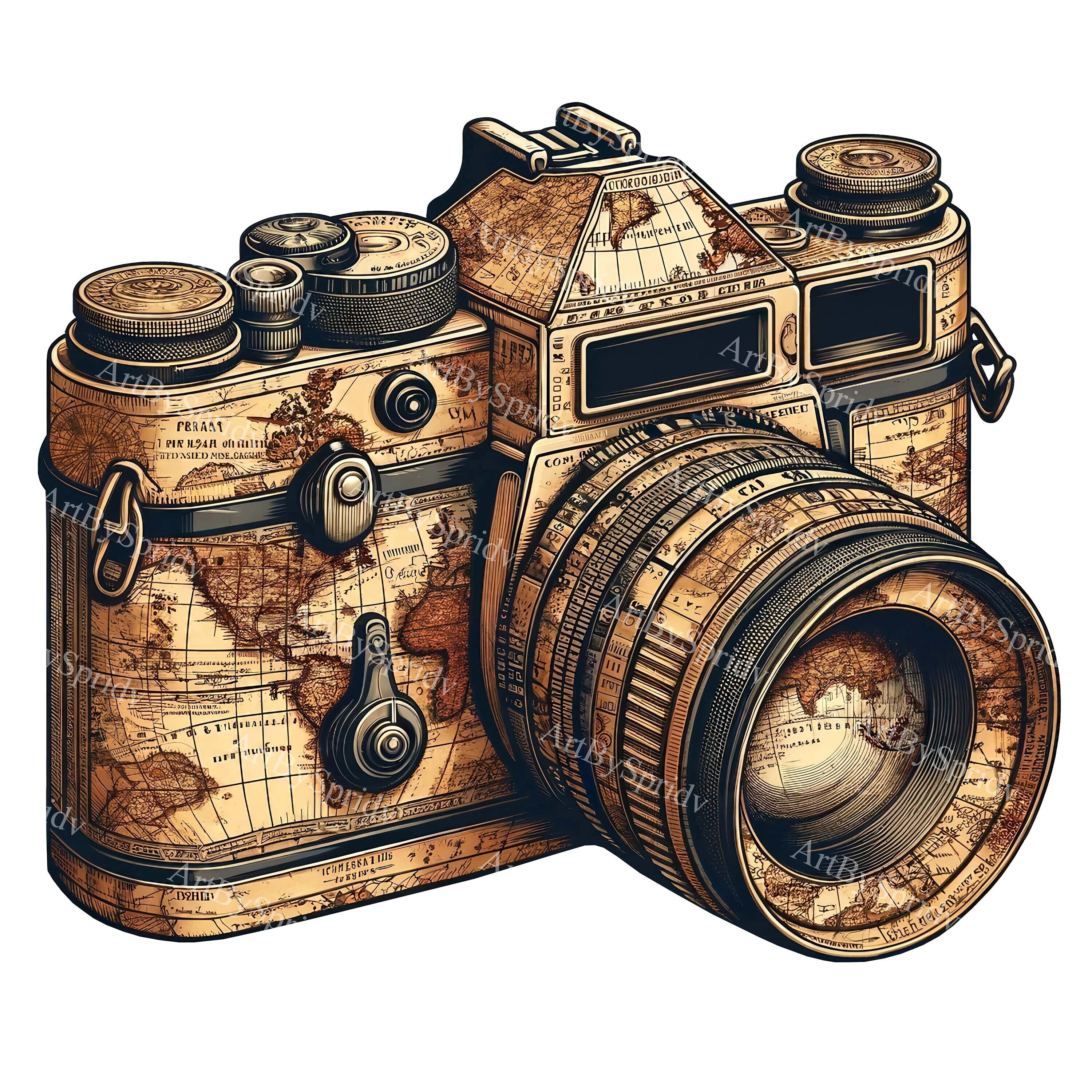 Vintage Camera & World Map Clipart - Digital Transparent PNG for ...