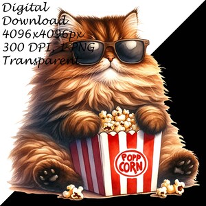 Cute Cat With Sunglasses & Popcorn Box Clipart Watercolor Digital PNG ...