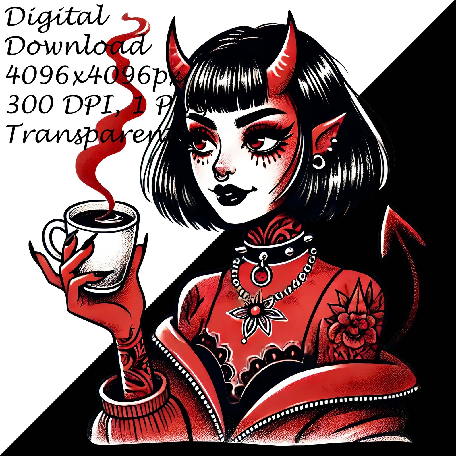 Goth Devil Girl Clipart | Dark Coffee Demon PNG | Tattooed Devil Lady ...