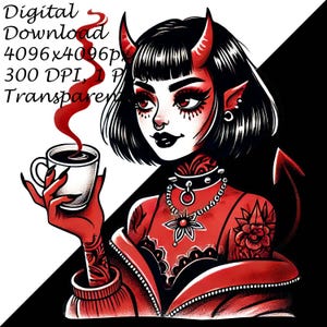 Goth Devil Girl Clipart | Dark Coffee Demon PNG | Tattooed Devil Lady ...