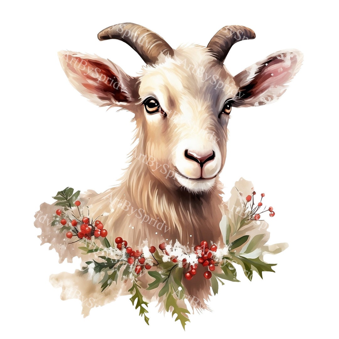 Festive Christmas Goat Clipart PNG, Holiday Farm Animal With Holly ...