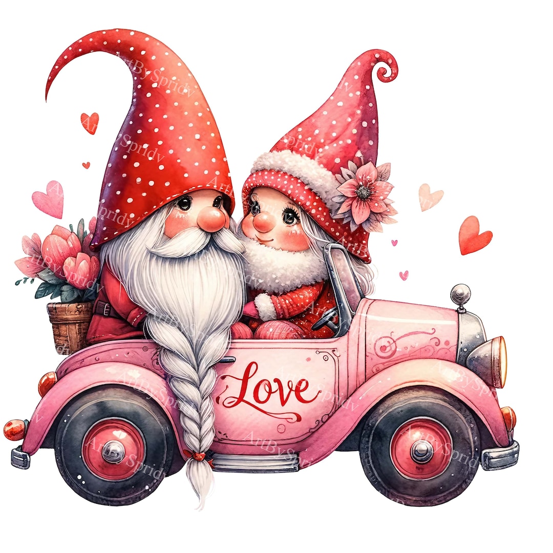 Valentine's Gnomes Couple Clipart - Retro Car & Hearts Design for DTG ...