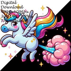 Magical Farting Unicorn Clipart With Rainbow Mane - Fantasy Digital Art ...