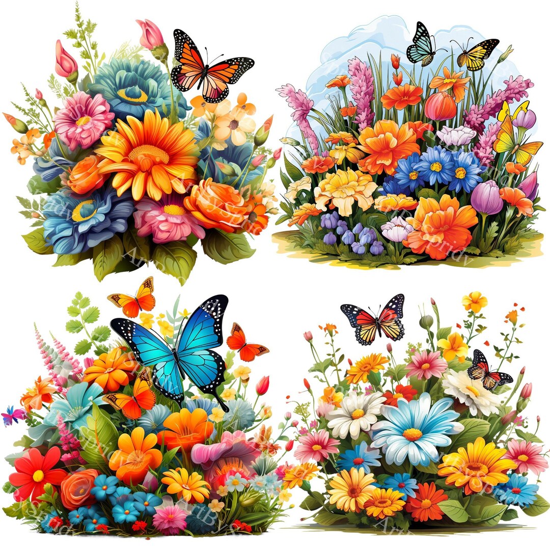 4 Pack Garden Colorful Flower and Butterfly Transparent PNG Clipart ...