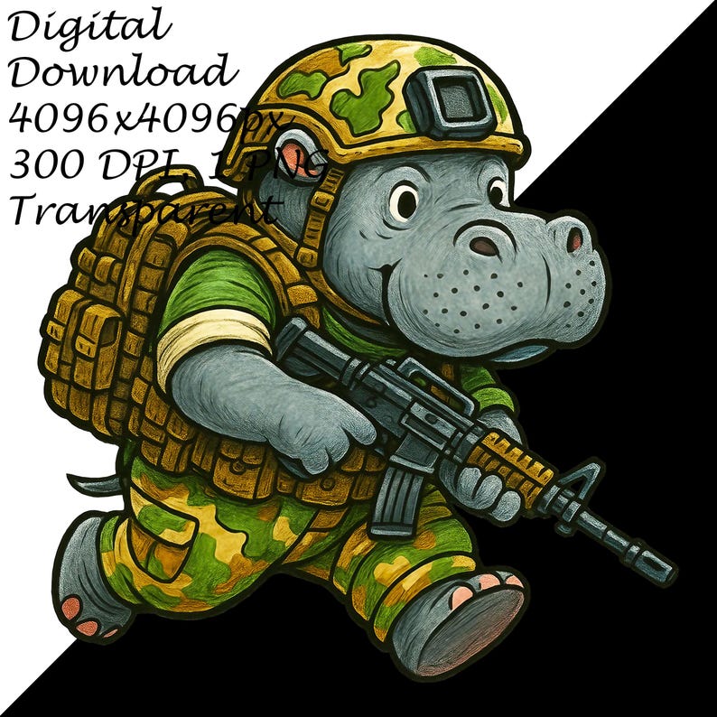 Cute Army Hippo PNG, Funny Military Hippo Clipart in Camouflage ...
