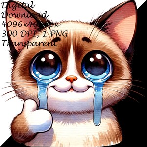 Cute Crying Cartoon Cat Digital Clipart for Sublimation, Tearful Kitten ...