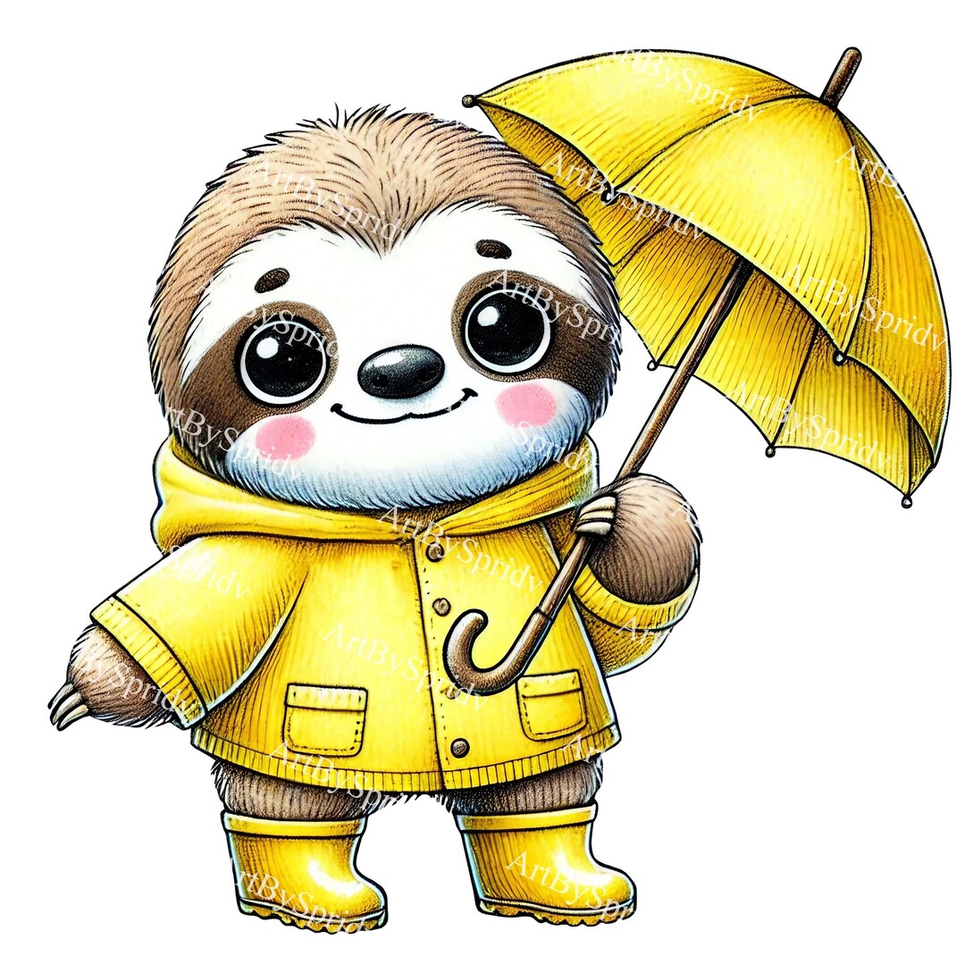 Sloth in Yellow Raincoat Holding Umbrella Download Digital PNG Clipart ...
