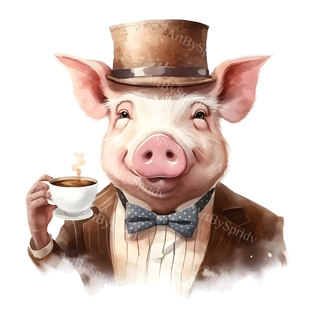 Dapper Pig PNG Clipart, Elegant Pig in Tuxedo With Bow Tie & Coffee Mug ...