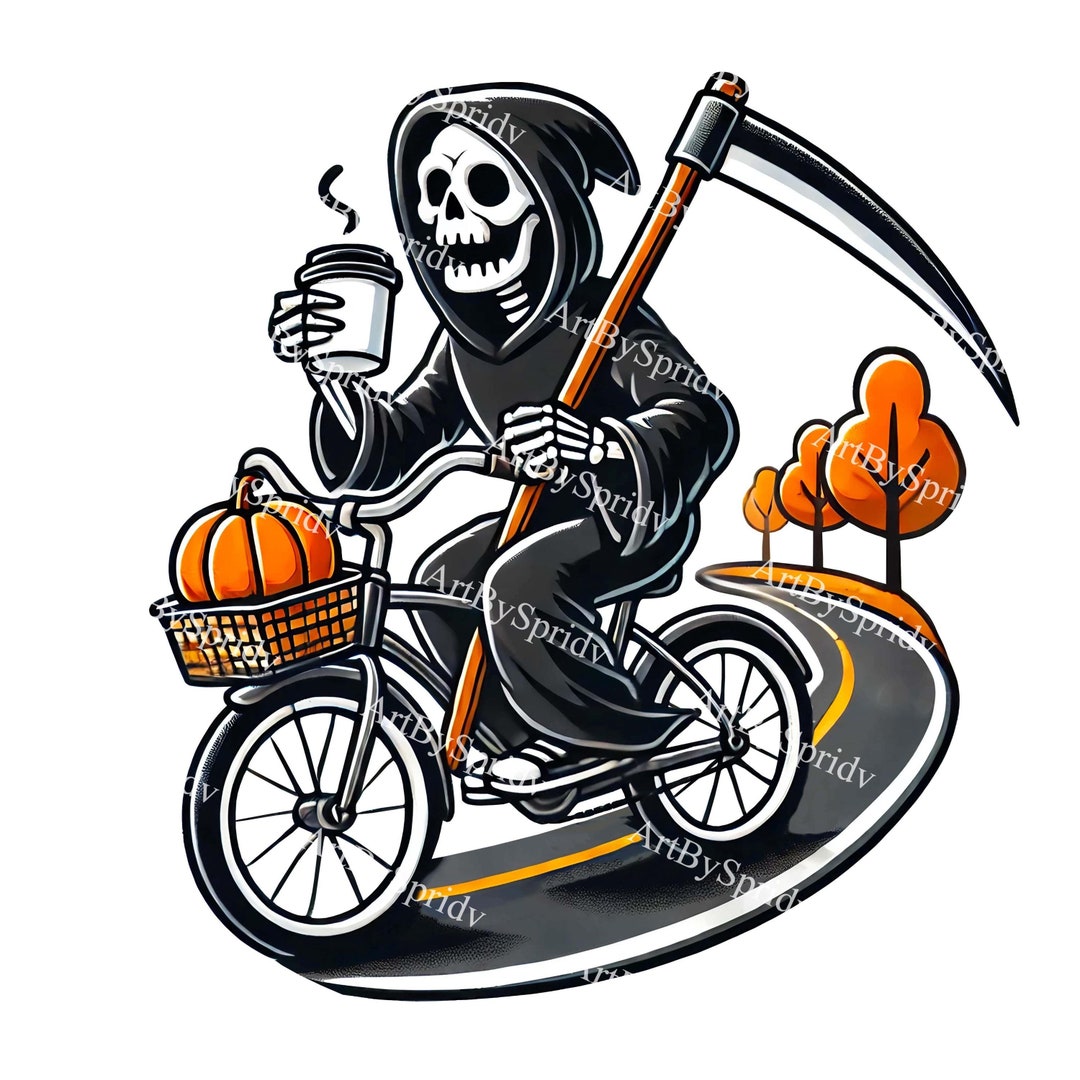 Grim Reaper Riding Bicycle With Coffee Cup PNG Clipart, Halloween ...