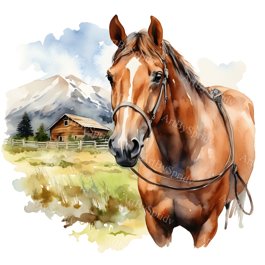 Stunning Watercolor Horse Clipart PNG - Rustic Farmhouse Art-digital ...