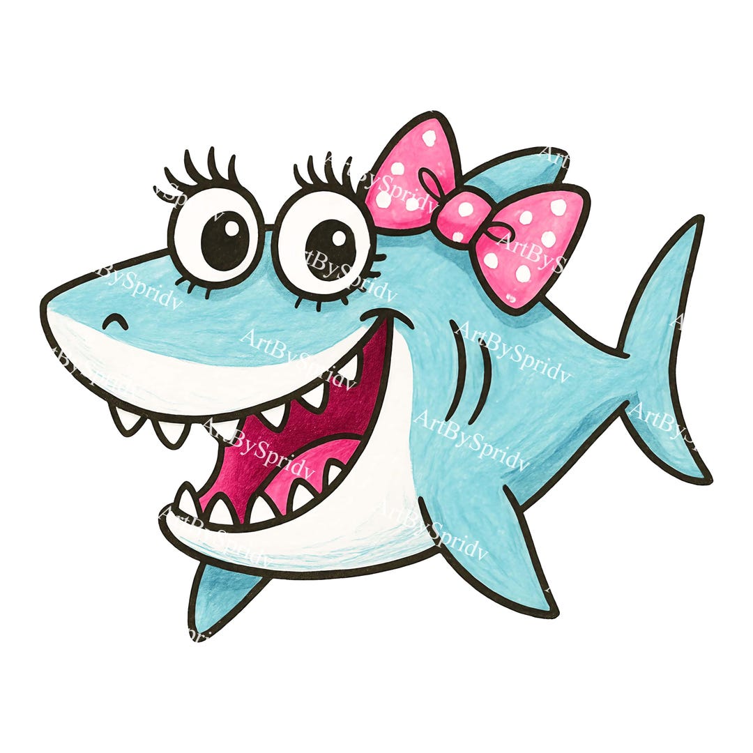 Cute Cartoon Girl Shark PNG Clipart | Funny Shark With Pink Bow and ...