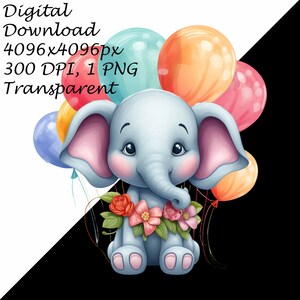 Adorable Elephant Clipart Bundle 4PCS| Floral & Balloon Elephant PNG ...