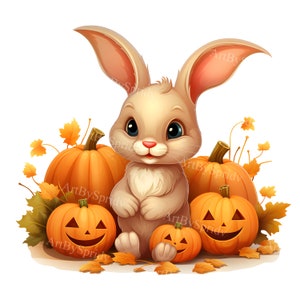 Autumn Harvest Bunny Clipart: Transparent PNG Rabbit With Pumpkins ...