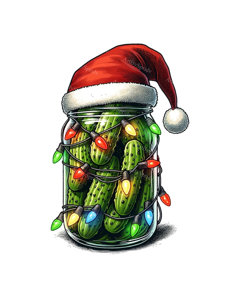 Christmas Pickles Clipart - Glass Jar With Green Pickles & Colorful Lights - PNG for DTG, T ...