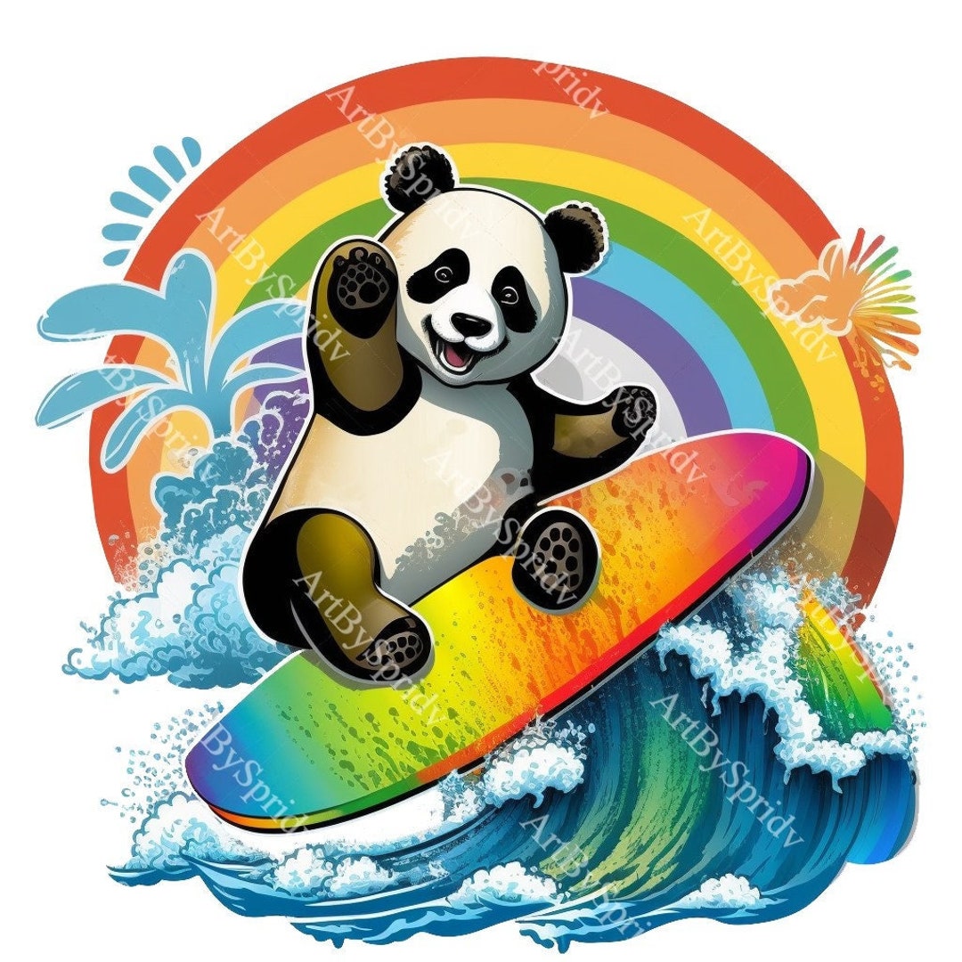 Cute Panda Surf Rainbow PNG Transparent Clipart, Animal Kids Cartoon ...