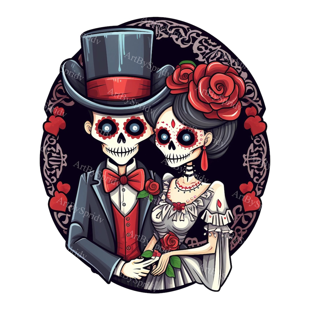 Day of the Dead Wedding Couple PNG Clipart – Sugar Skull Bride & Groom Illustration for DIY ...