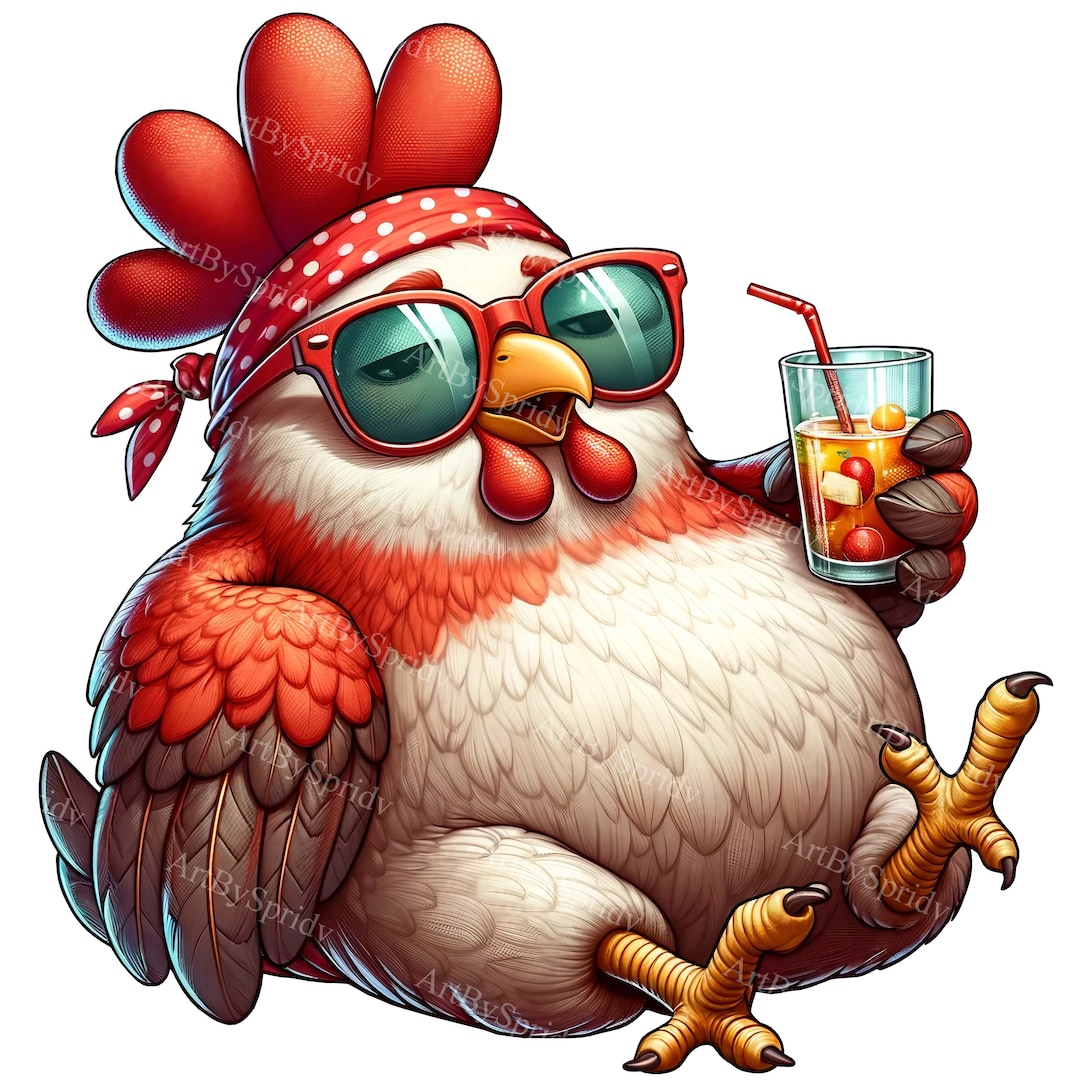 Cartoon Chicken Clipart With Glasses & Cocktail - PNG for T-shirts ...