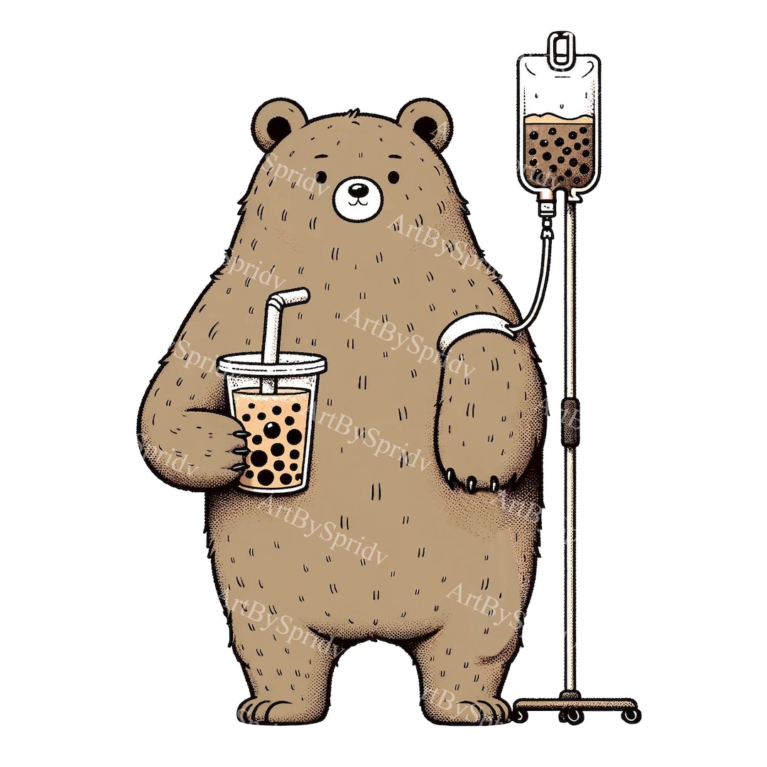 Cute Bear With Boba Tea IV Drip Illustration, Quirky Animal Clipart ...