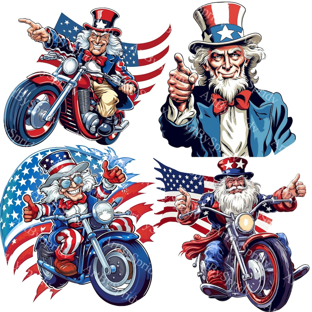 Uncle Sam Biker 4 Pack | Patriotic Motorcycle Clipart | American Flag ...
