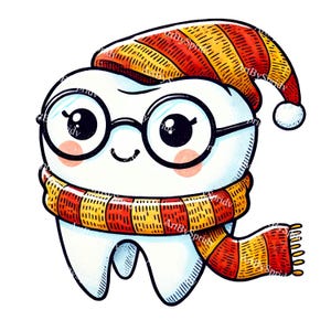 Kawaii Winter Tooth Clipart, Cute Cartoon Tooth With Glasses, Scarf ...