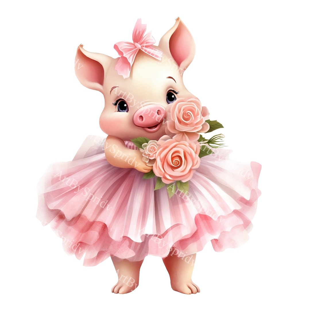 Pig in Pink Tutu Holding Flowers Download PNG Clipart, Cute Piglet ...