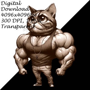 Muscular Cat Clipart - Bodybuilding Feline PNG, Quirky Pet Art, Digital ...