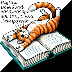 Cat on Open Book Clipart, Cute Orange Tabby Cat Digital Illustration ...