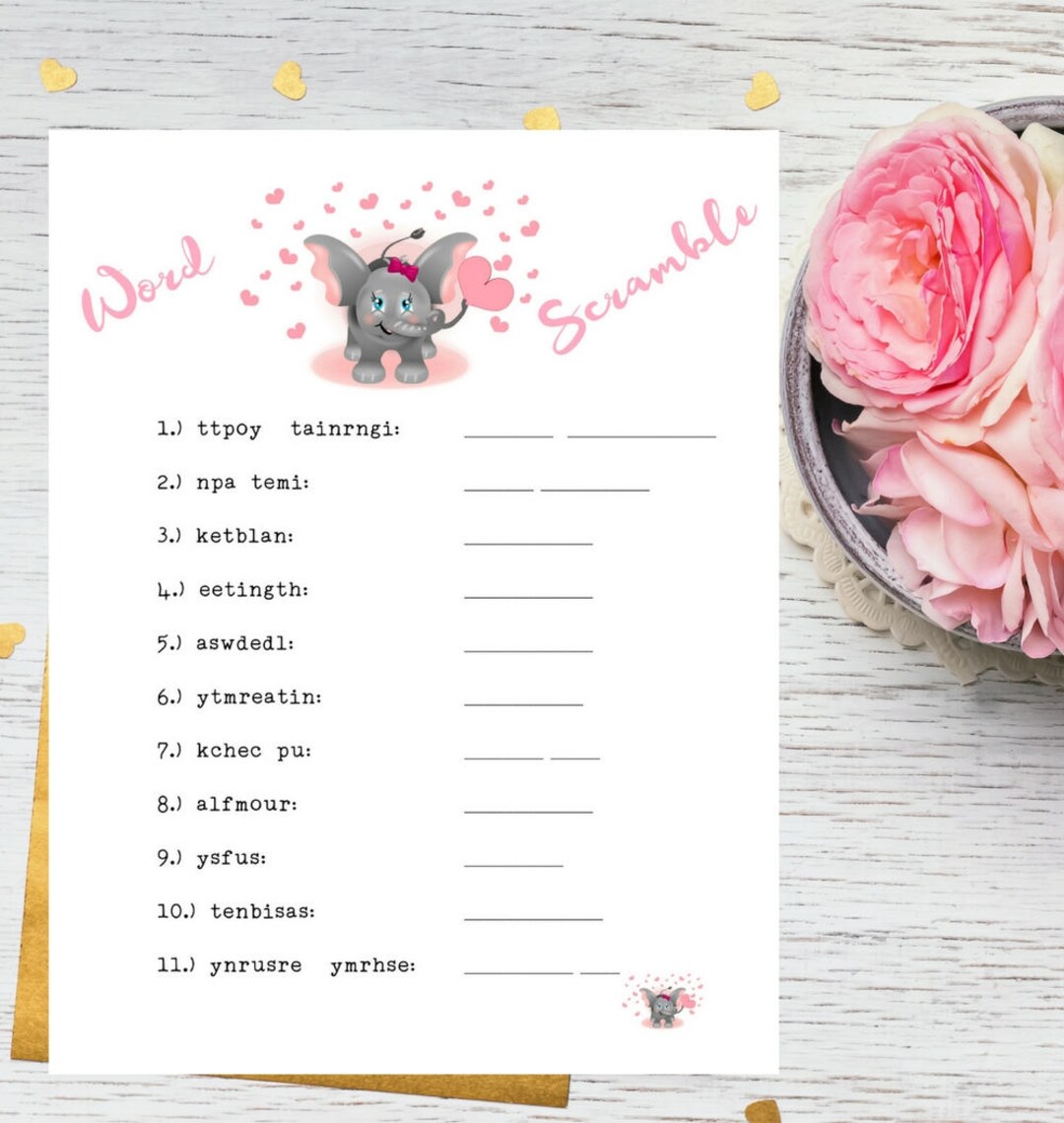 Baby Shower Pink Elephant Word Scramble Printable Game - Etsy