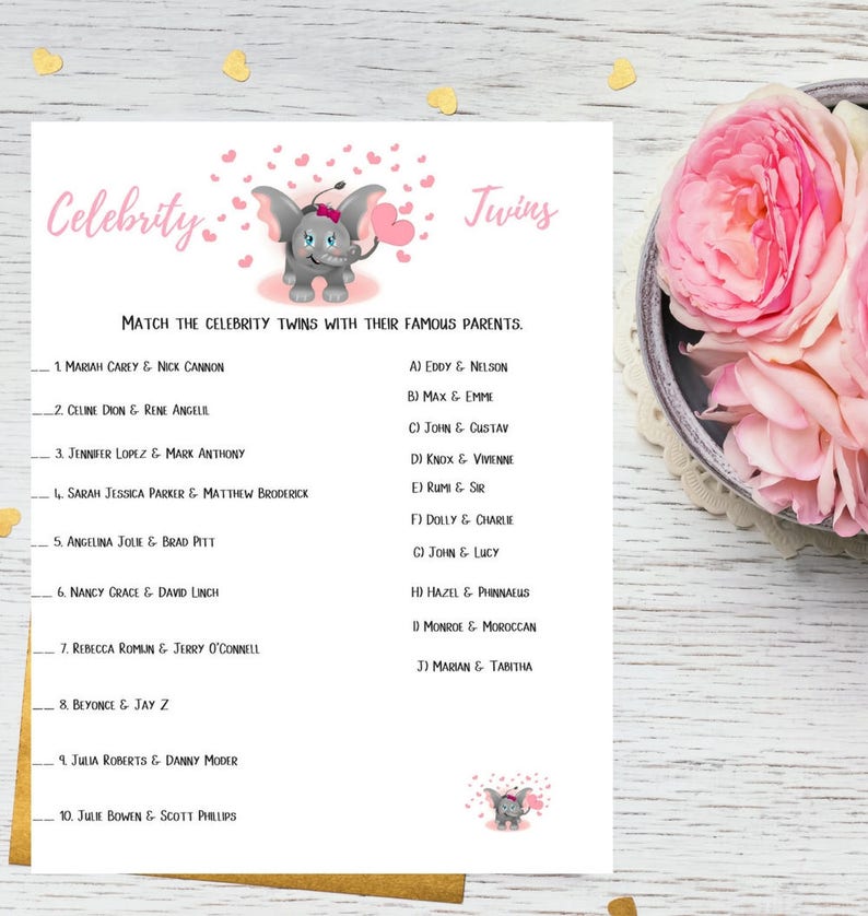 Pink Elephant Celebrity Twins Baby Shower Printable Game - Etsy México