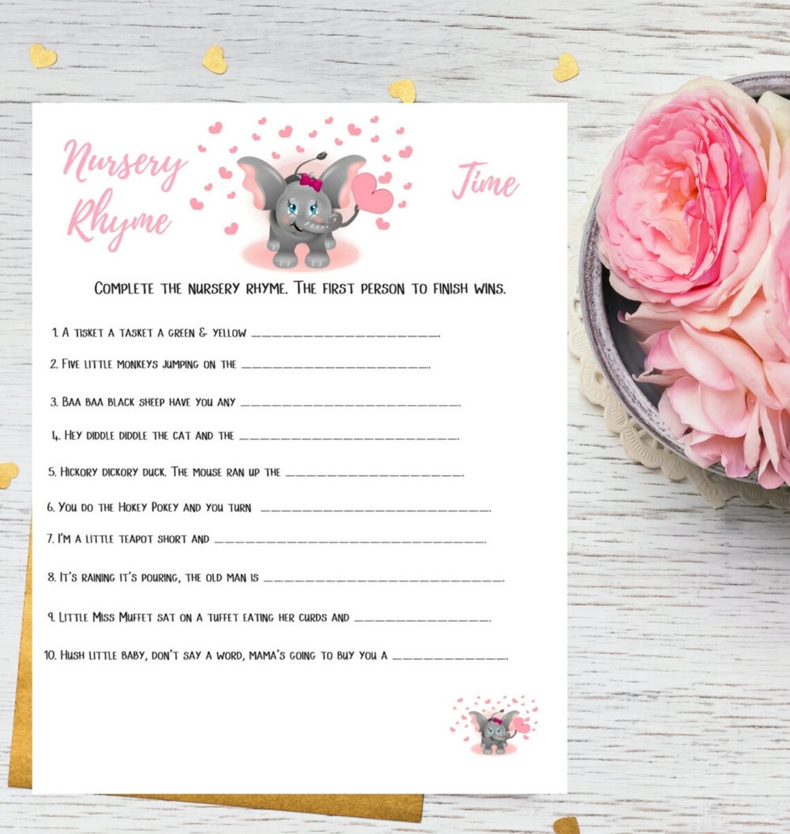 Pink Elephant Nursery Rhyme Printable Baby Shower Game - Etsy