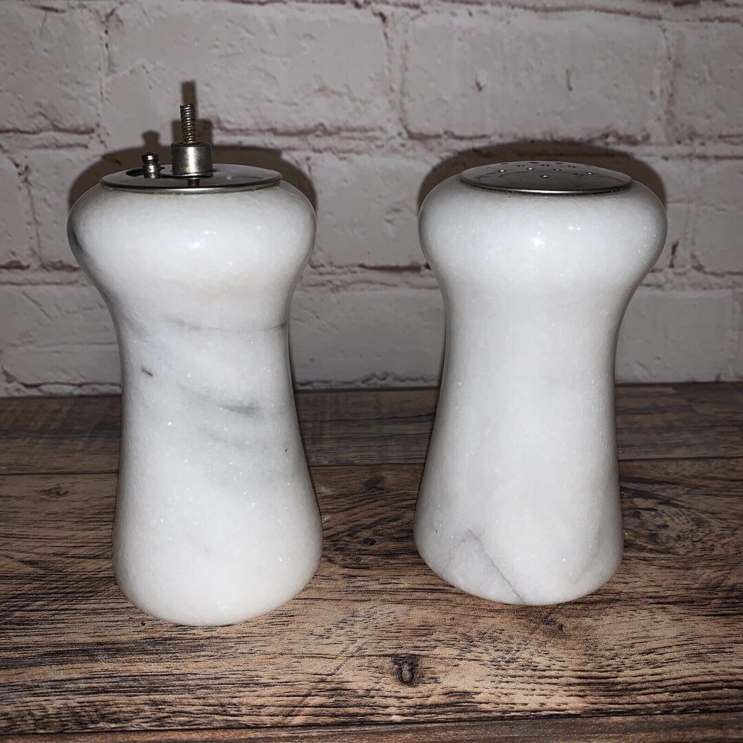 Vintage White Grey Marble Salt & Pepper Shakers Grinder Mill-read ...