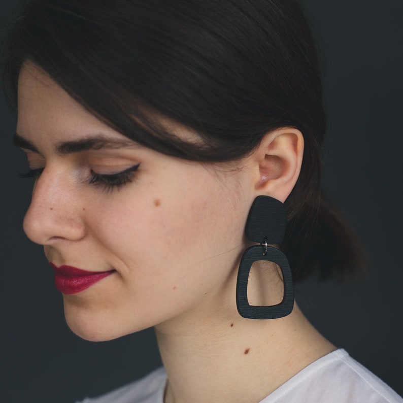 Black geometric earrings modern abstract earrings Organic | Etsy