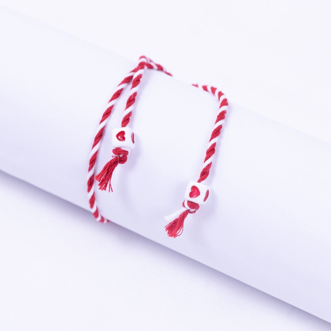 Red Cube Heart Beaded Martenichka Rope Bracelet Anklet - Etsy
