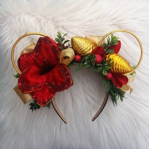 Christmas, Red, Gold, Holiday Disney Inspired Wire Ears Floral Flower ...
