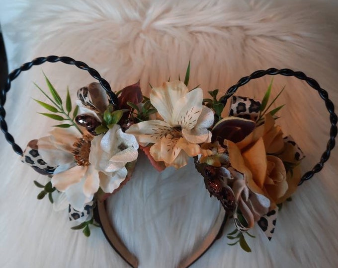 Cheetah Disney Inspired Wire Ears Floral Flower Crown Minnie or Mickey ...