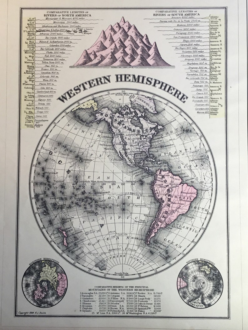 Western & Eastern Hemisphere World Maps From 1894 set of 2 - Etsy