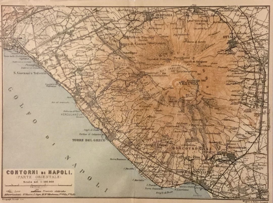 1928 Vintage Map of Napoli, Italy, Eastern Coast Includes Mount ...