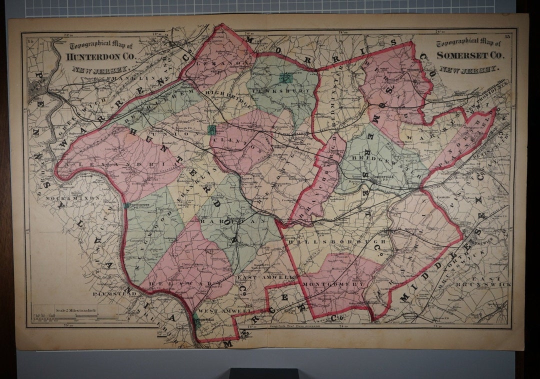 Original 1873 Map of Hunterdon County and Somerset County New - Etsy