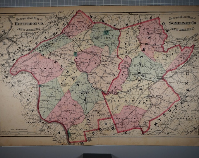 Original 1873 Map of Hunterdon County and Somerset County, New Jersey ...