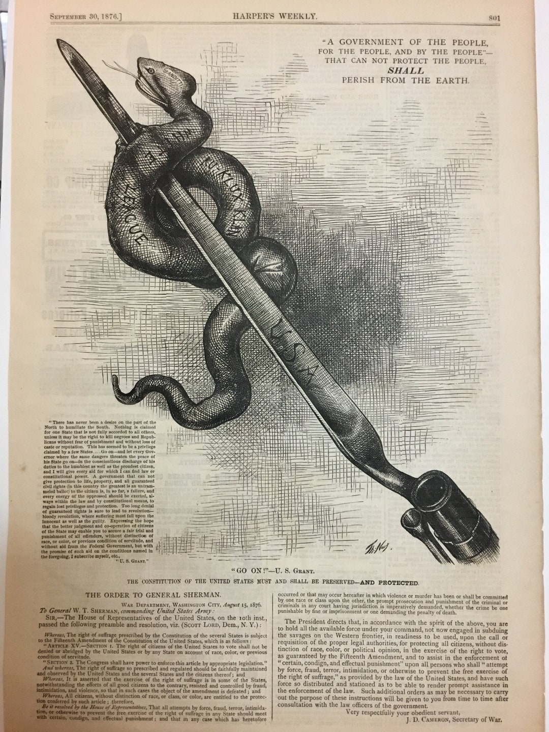 Political Cartoon Print"usa Constitution Pen Killing Ku Klux Klan Snake ...