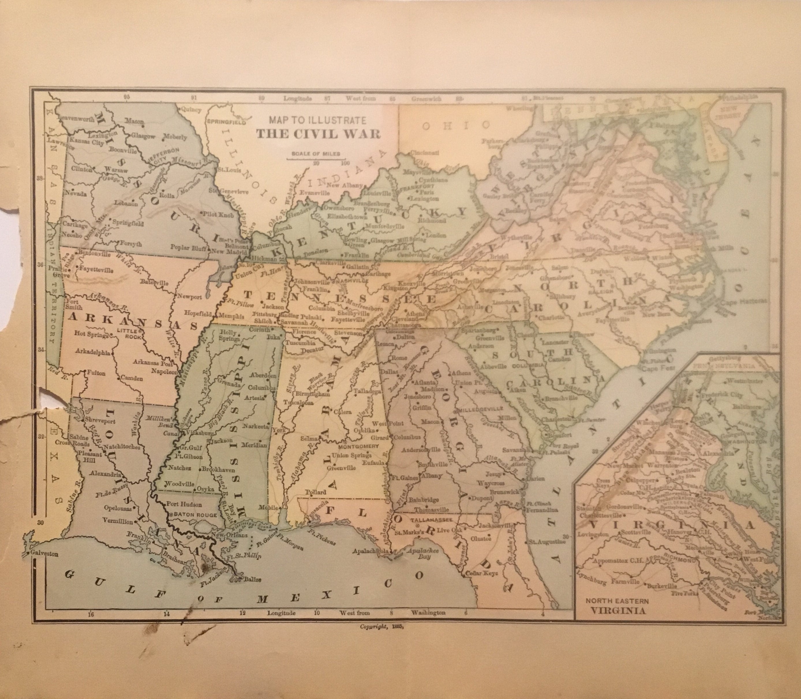 Map to Illustrate The Civil War, vintage map, 8 x 9.25 inches, 1885 ...