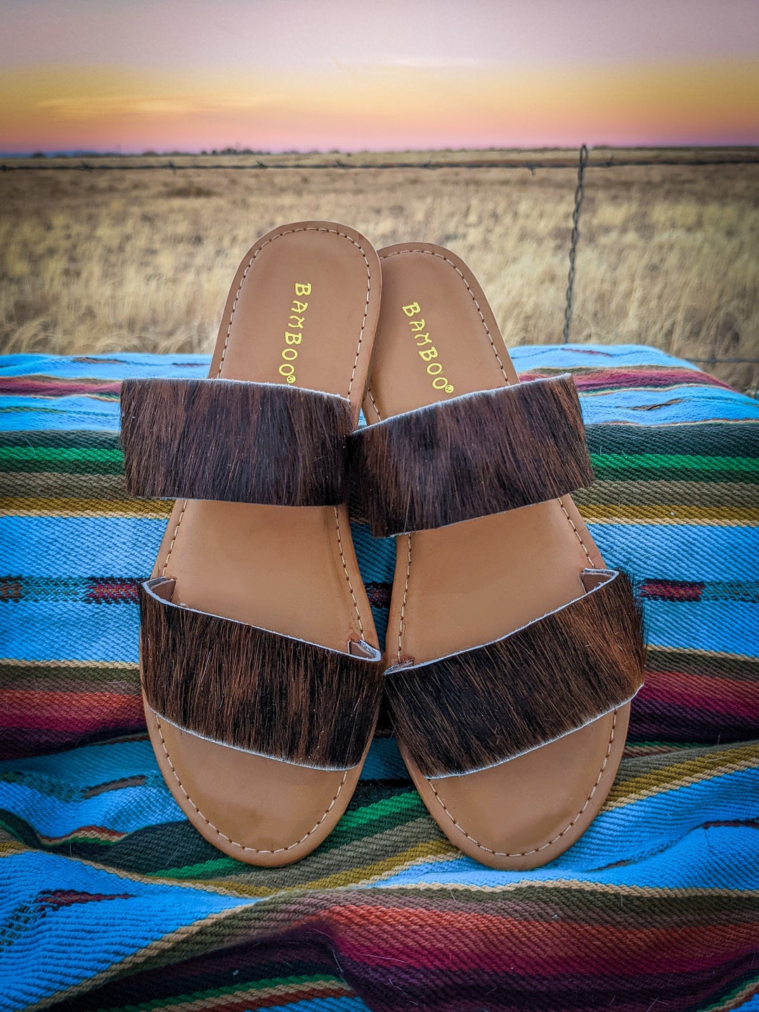 Cow Print Leather Sandals Western Slide - Etsy