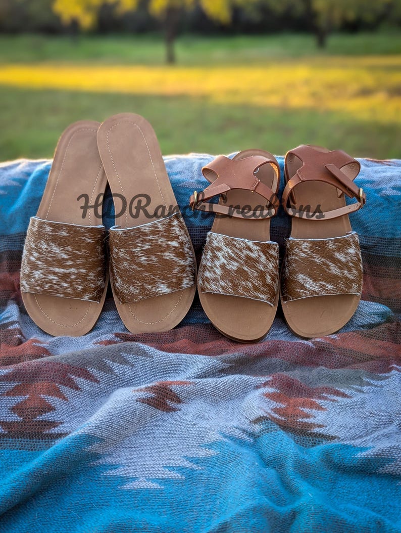 Cowhide Leather Sandals- Western Slides - Etsy