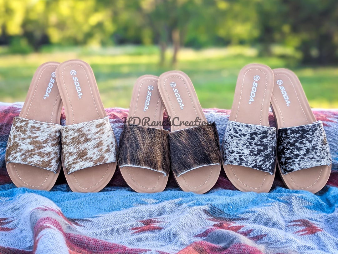 Cowhide Leather Sandals- Western Slides - Etsy