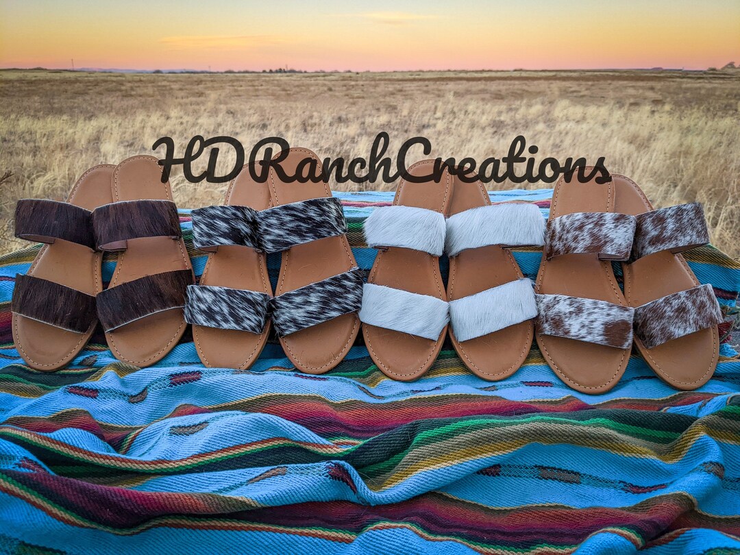 Cow Print Leather Sandals Western Slides - Etsy