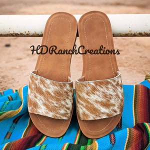 Cowhide Leather Sandals- Western Slides - Etsy
